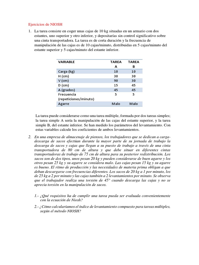 Ejercicios de NIOSH-1 | PDF | Science | Ciencia y Tecnología