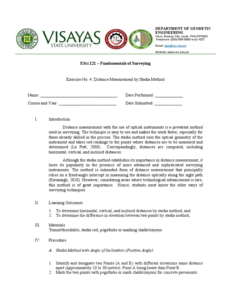 Exercise 4 - Distance Measurment by Stadia Method | PDF | Surveying | Metrology