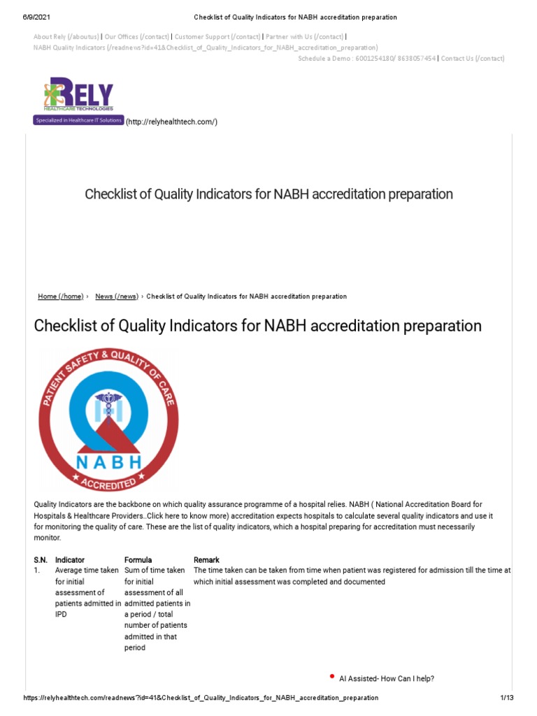 Quality Indicators For Accreditation | PDF | Medical Error | Anesthesia