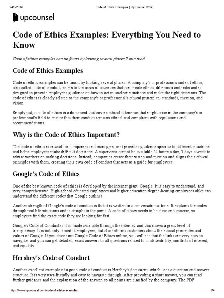 Code of Ethics Examples - UpCounsel 2019 | PDF | Conflict Of Interest | Lawyer