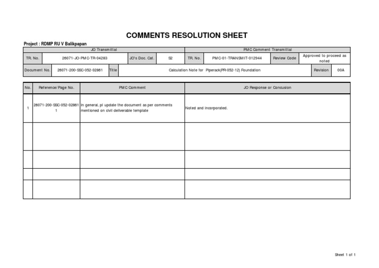 Comments Resolution Sheet: Project: RDMP RU V Balikpapan | PDF