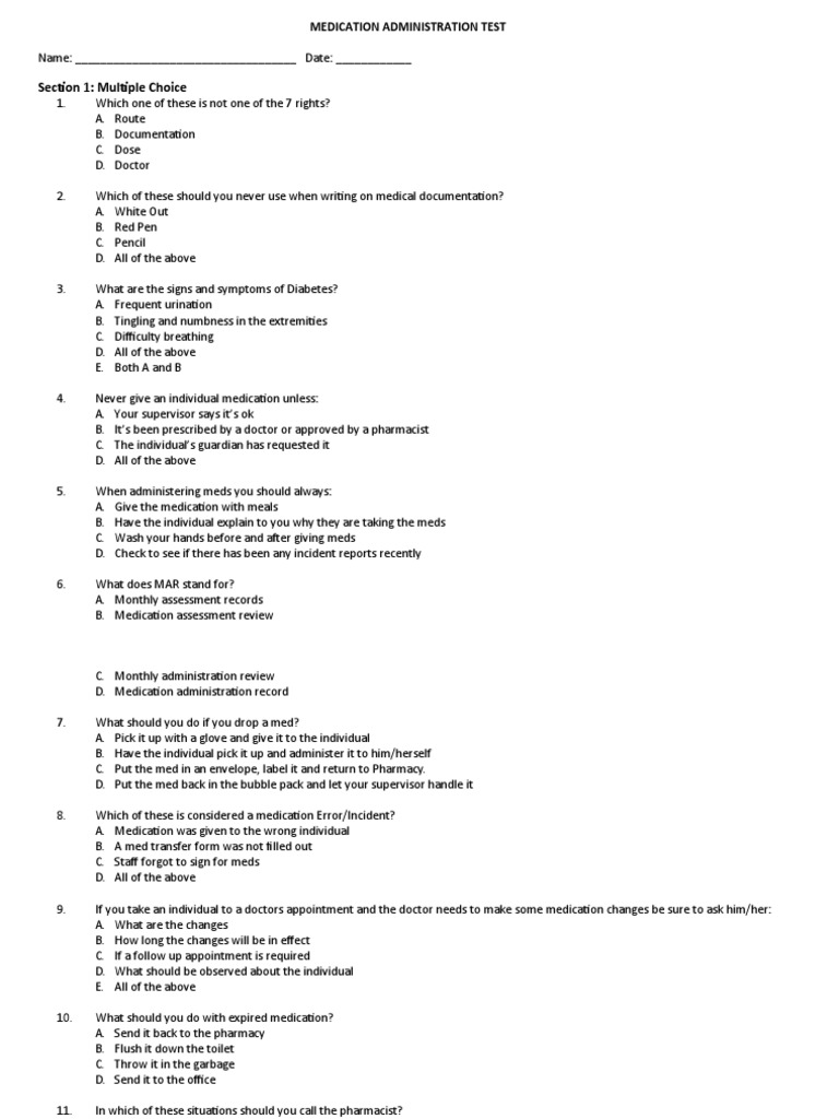 Section 1: Multiple Choice: Medication Administration Test | PDF ...