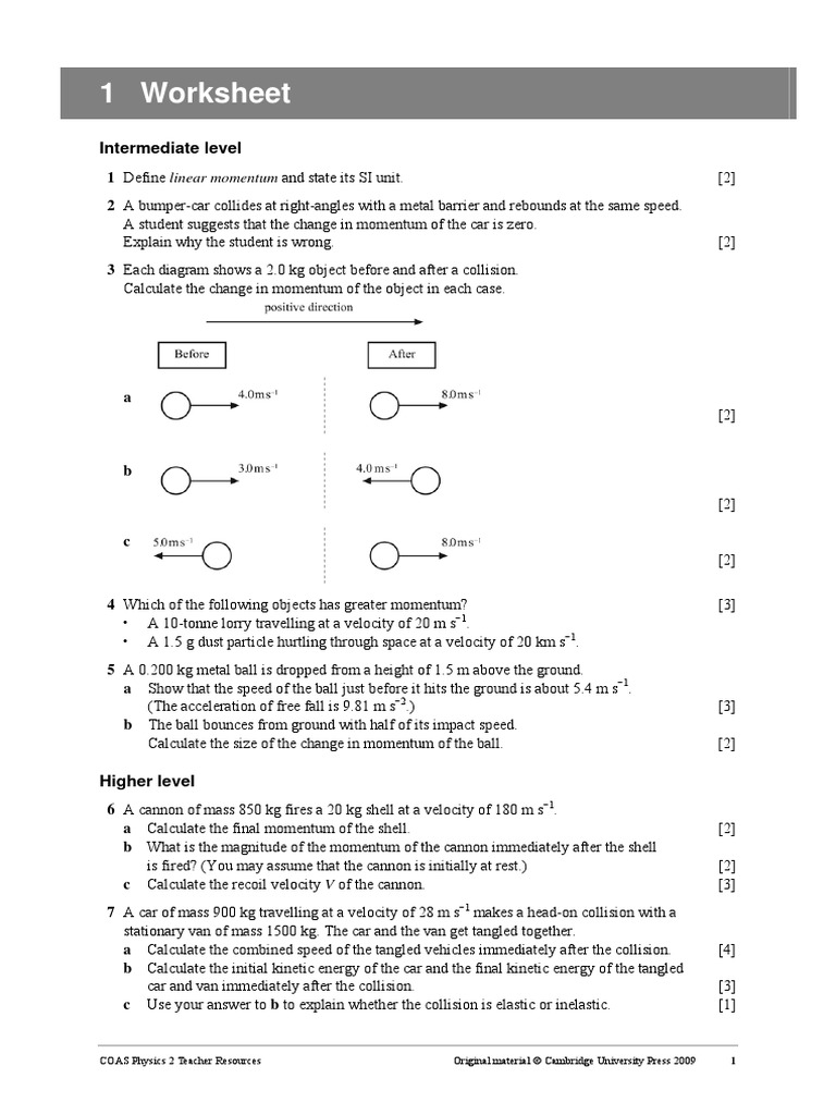 1 Worksheet: Intermediate Level | PDF | Collision | Momentum