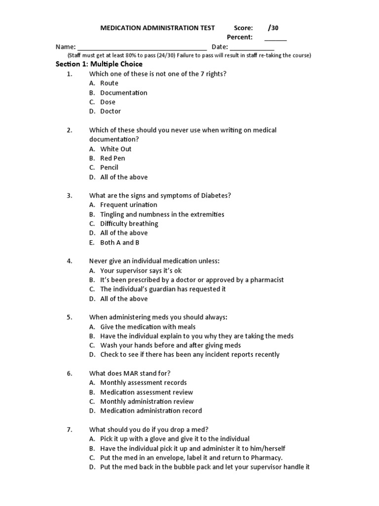 Section 1: Multiple Choice: Medication Administration Test Score: /30 ...