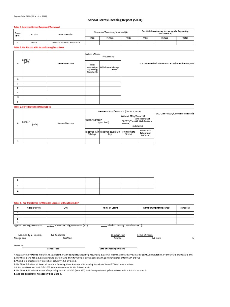 School Forms Checking Report (SFCR) : Table 1. Learners Record Examined/Reviewed | PDF ...