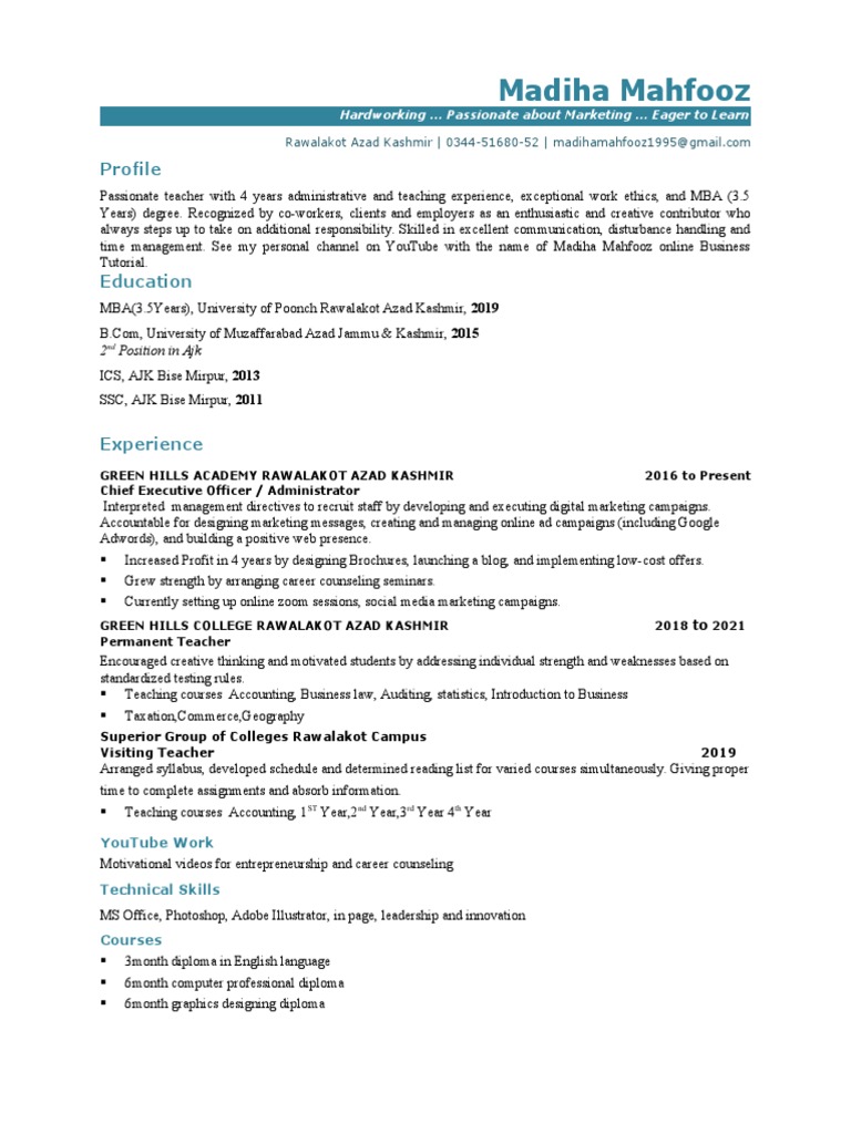 Madiha Mahfooz MBA (Marketing) Resume | Download Free PDF | Master Of ...