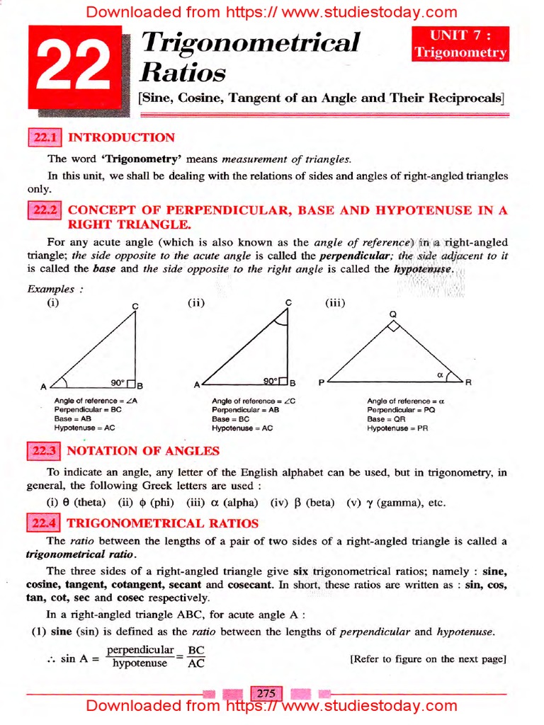 (ICSE Class 9 Maths Chapter 22 Trigonometrical Ratios | PDF