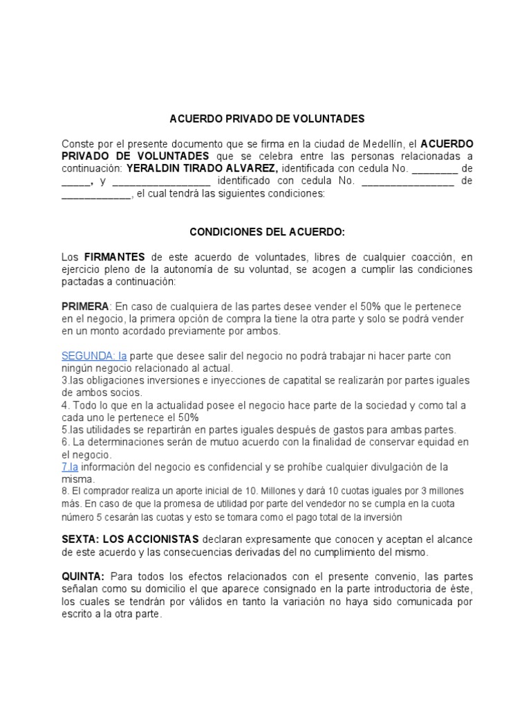 Acuerdo Privado de Voluntades Ajustado Def | PDF