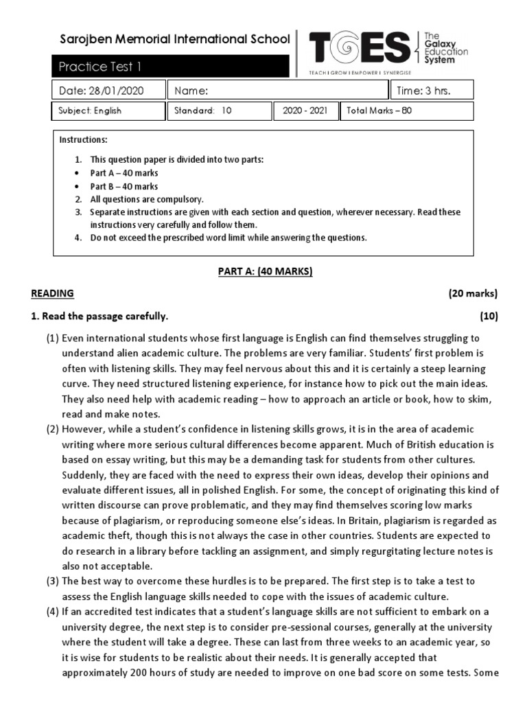 G10 English Test at Sarojben School | PDF | International Student ...