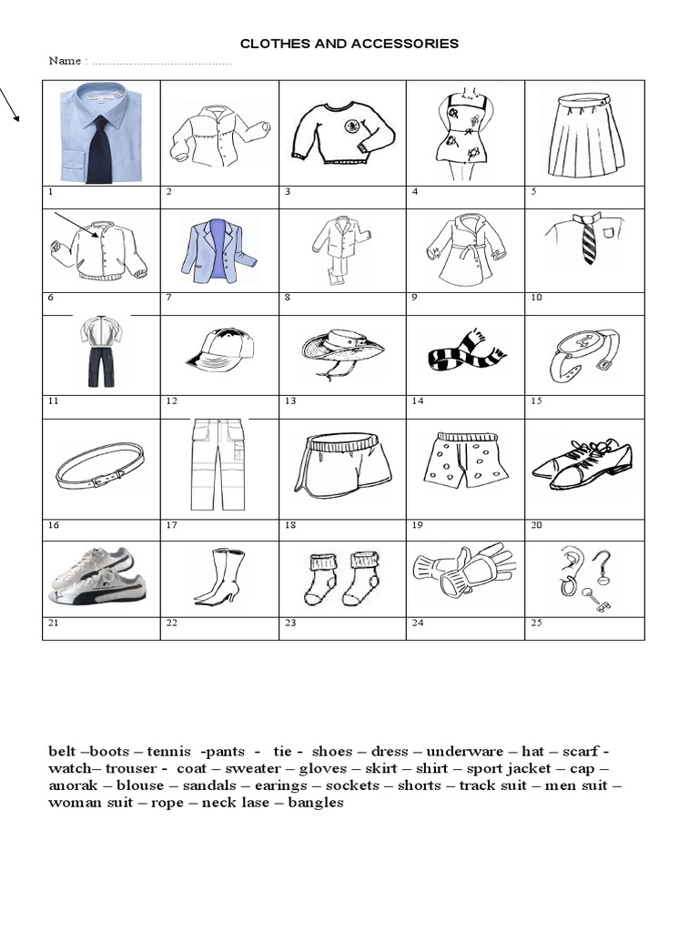Clothes Pictionary Vocabulary List | PDF