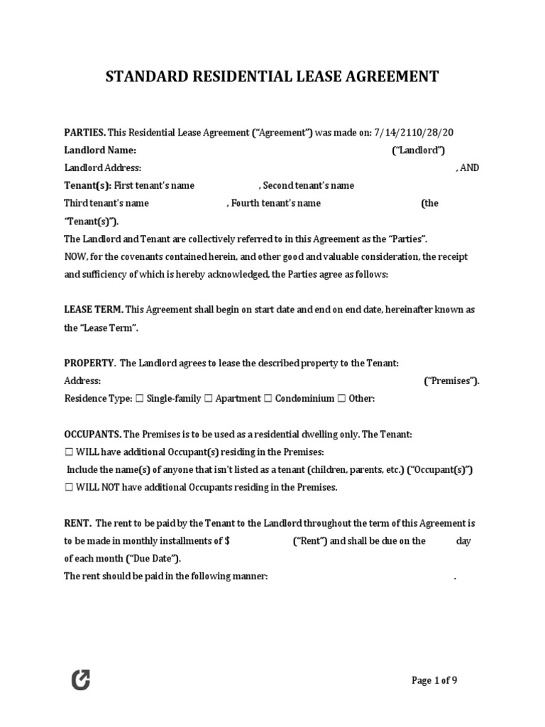 Standard Residential Lease Agreement | PDF | Leasehold Estate | Landlord