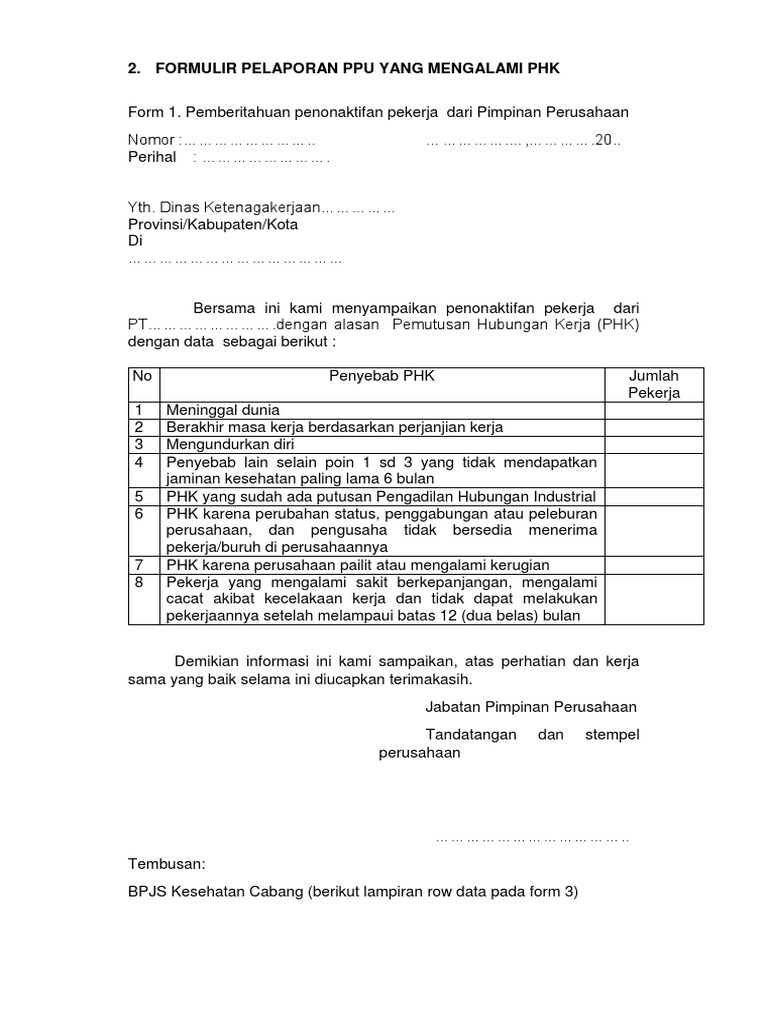 Formulir Pelaporan Ppu Yang Mengalami PHK | PDF