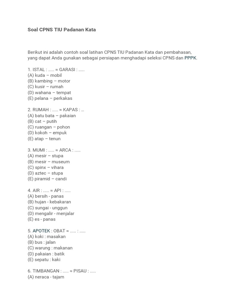 Soal CPNS TIU Padanan Kata | PDF Soal CPNS TIU Padanan Kata | PDF