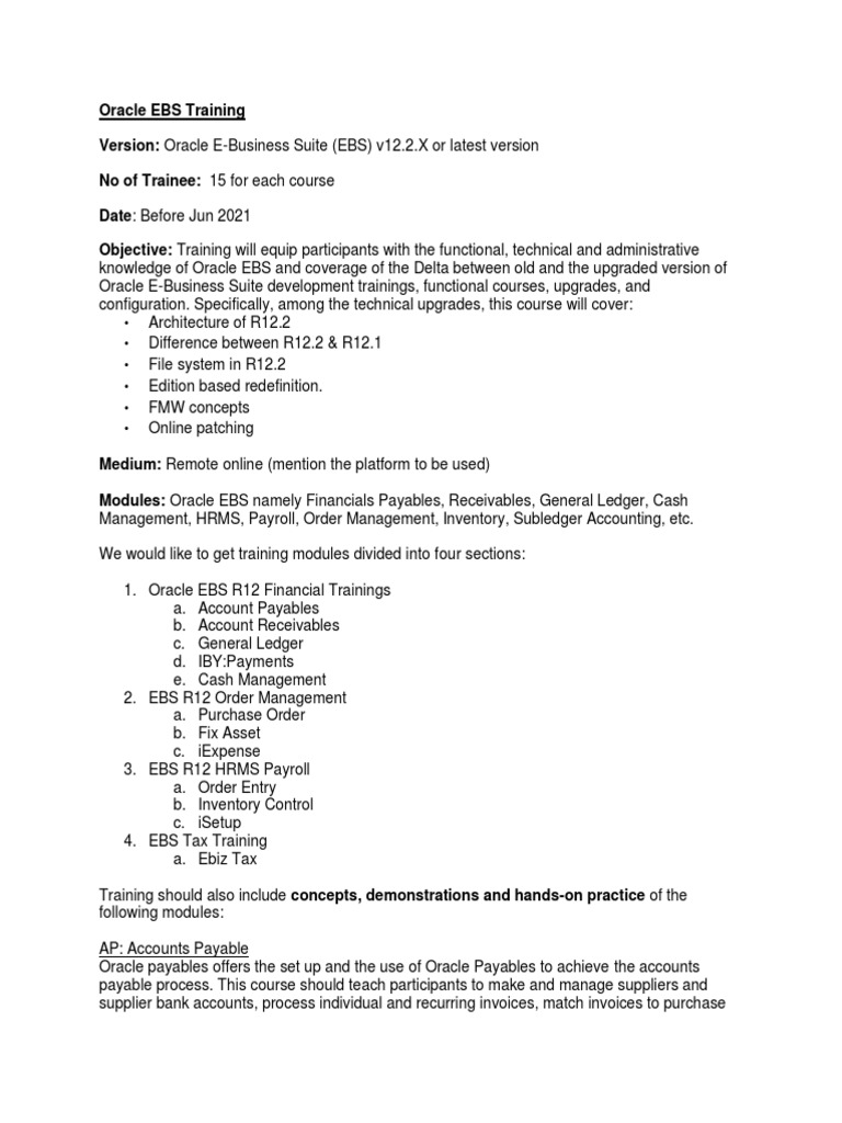 Oracle EBS Training Requirements | PDF | Accounts Payable | Cash