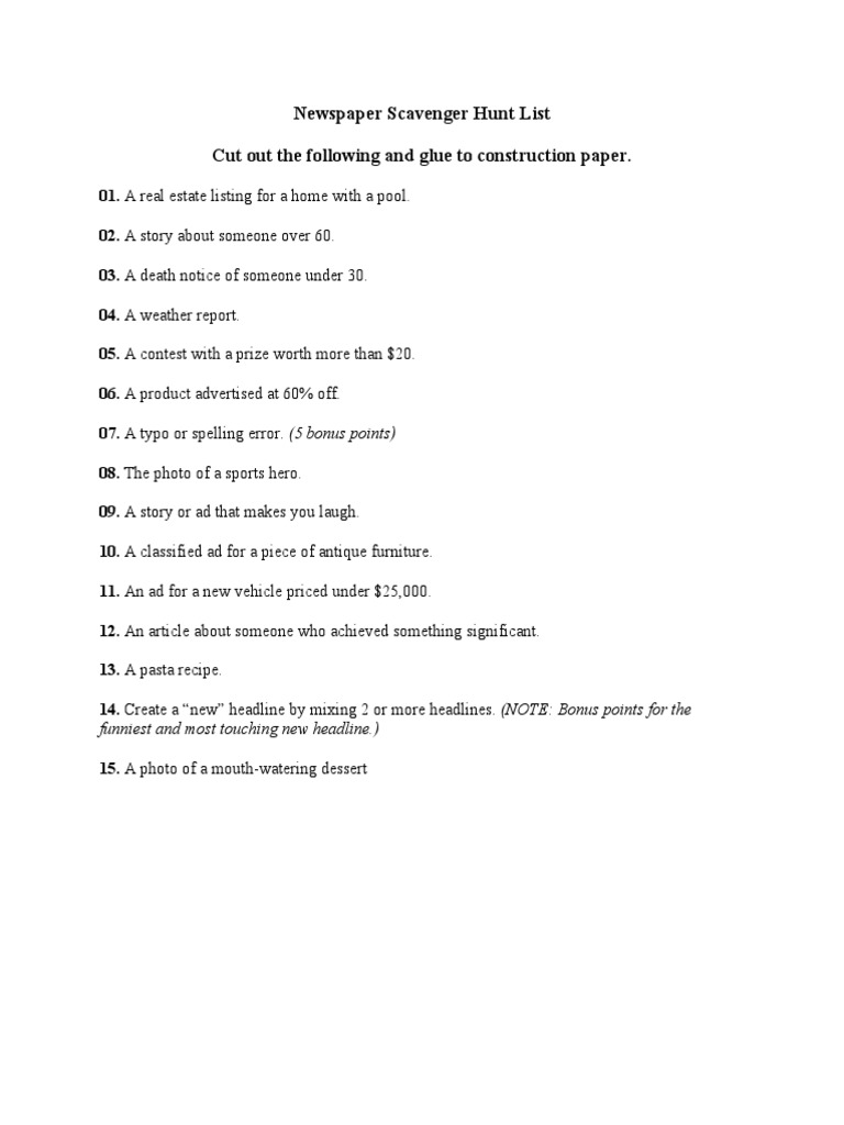 Newspaper Scavenger Hunt List | PDF | Business