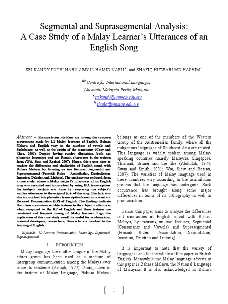 Segmental and Suprasegmental Analysis: A Case Study of A Malay Learner's Utterances of An ...