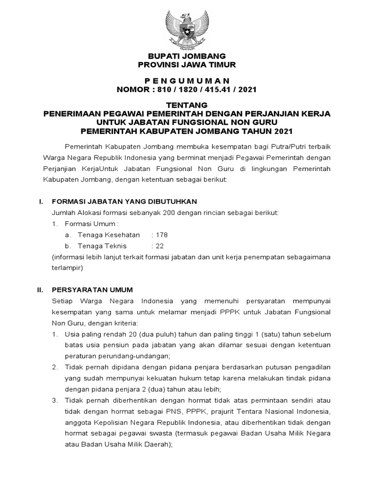 Pengumuman Pengadaan PPPK Non-GURU 2021 Pemkab Jombang | PDF