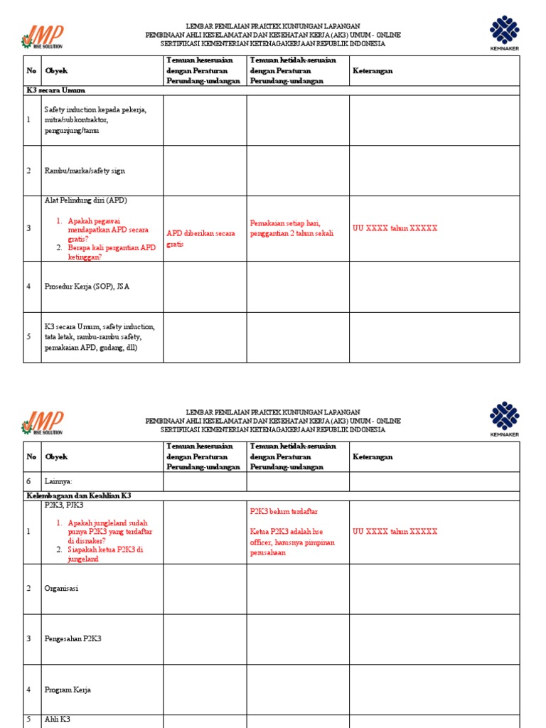Checklist PKL Pelatihan AK3 Umum | PDF