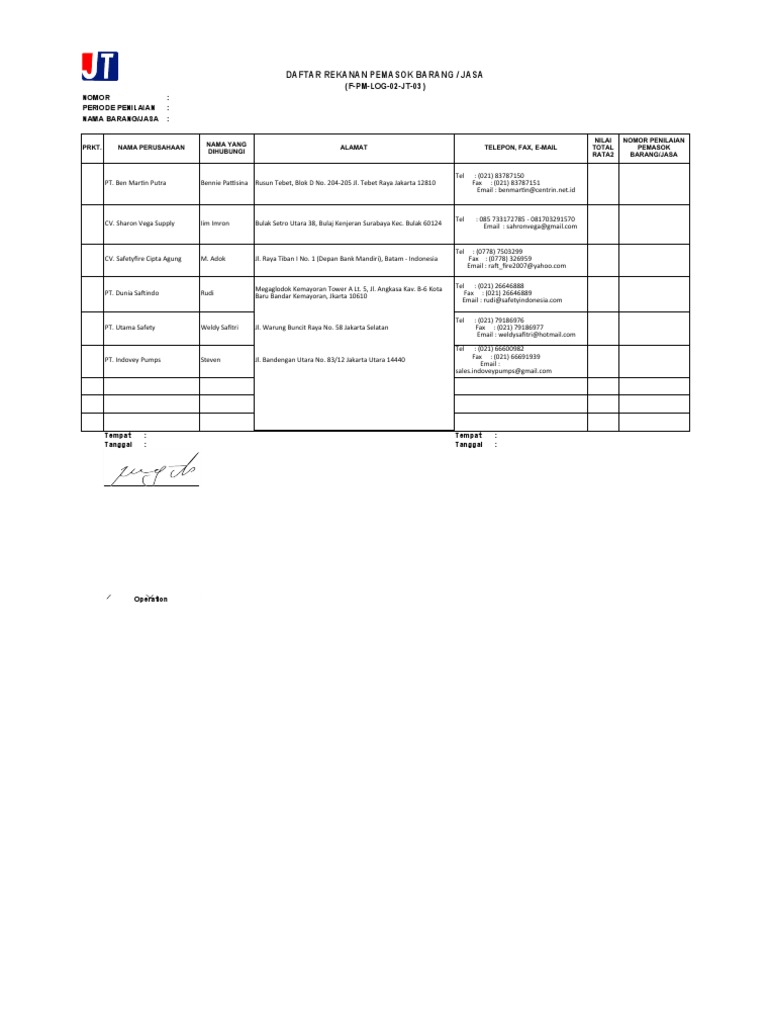 Daftar Pemasok Barang/Jasa PM Log | PDF