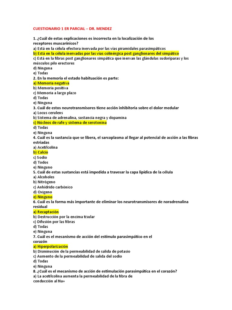 Cuestionario 1er Parcial | PDF | Sinapsis | Neurona