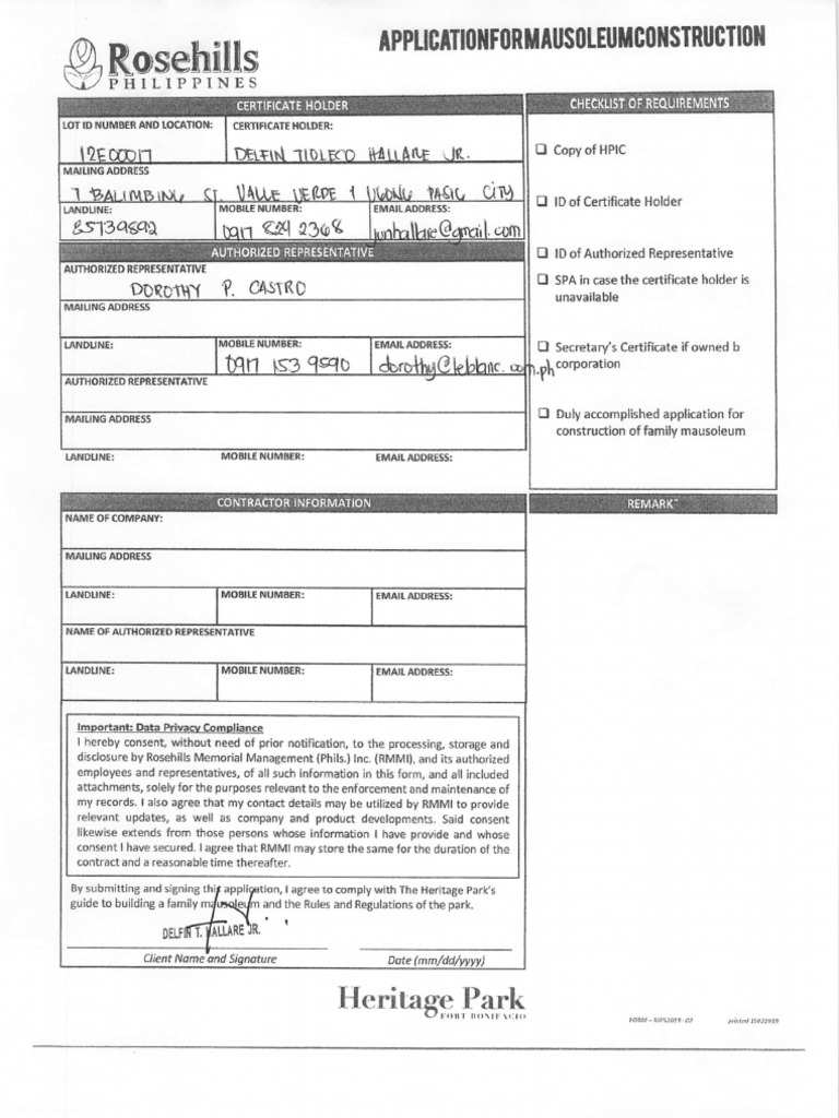 Application For Mausoleum Construction | PDF