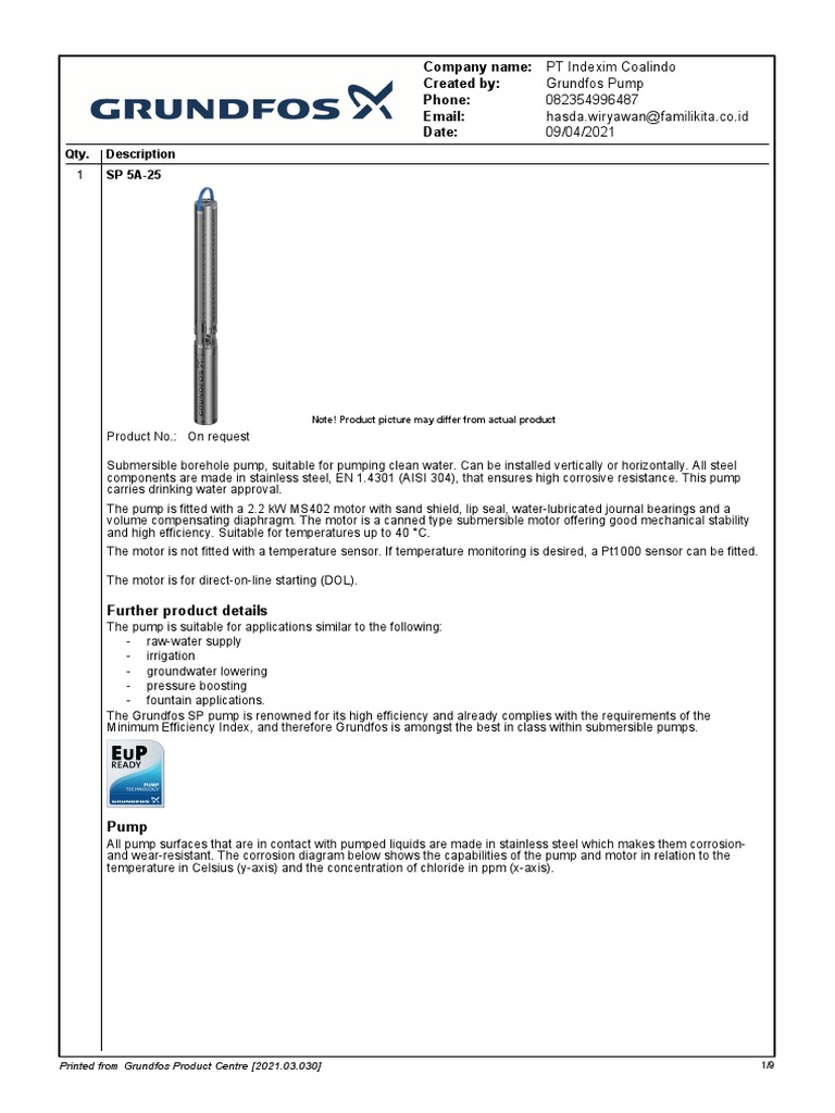 Grundfos Pump Spec Sheet | PDF | Pump | Electric Motor