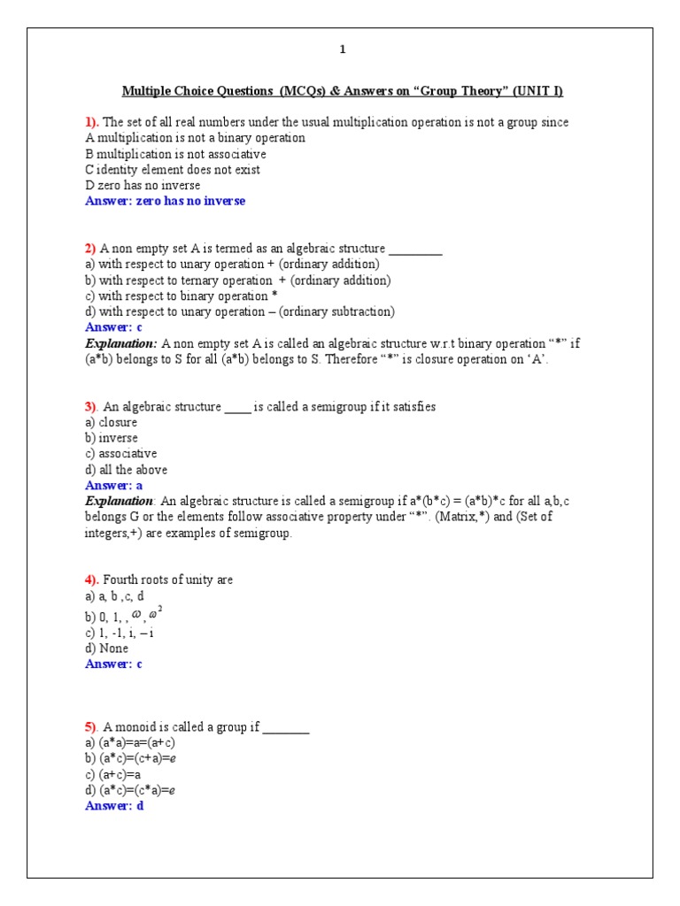 Multiple Choice Questions (MCQS) & Answers On "Group Theory" (Unit I) | PDF