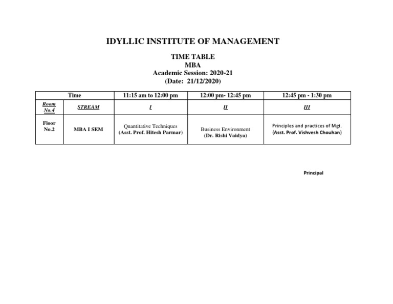 Idyllic Institute of Management: Time Table MBA Academic Session: 2020 ...