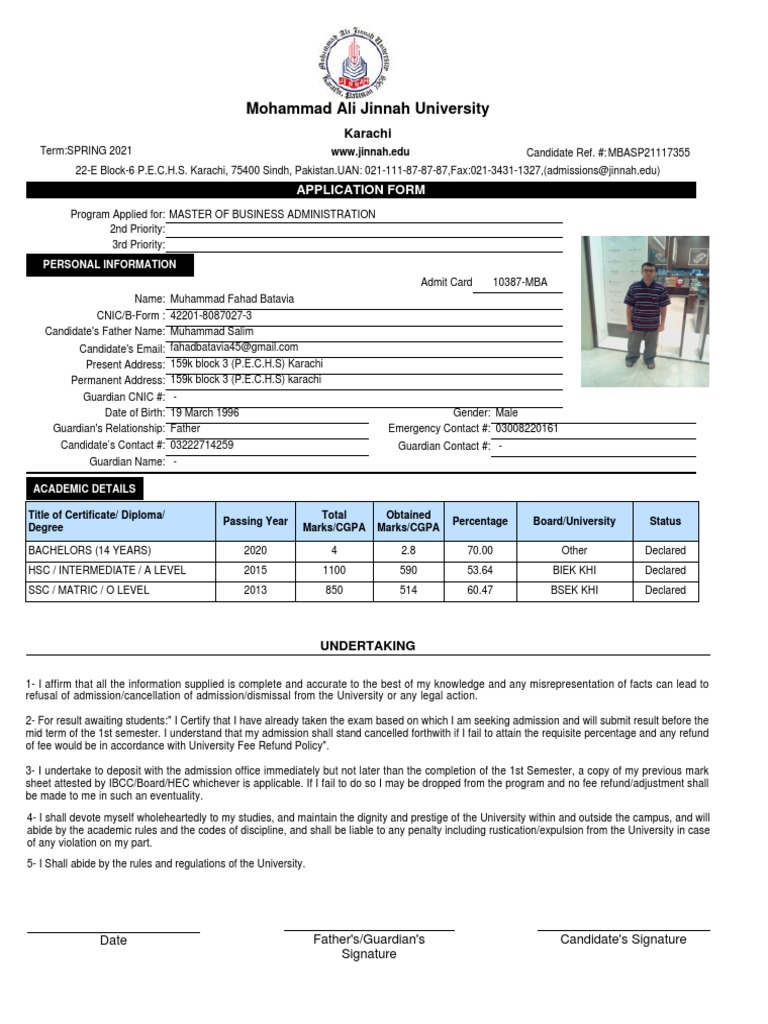 Mohammad Ali Jinnah University: Application Form | PDF | Educational Assessment And Evaluation ...
