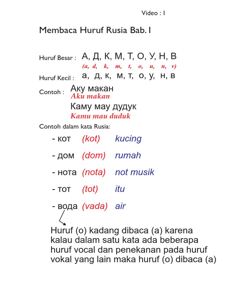 Membaca Huruf Rusia Bab. I: (A, D, K, M, T, O, U, N, V) | PDF