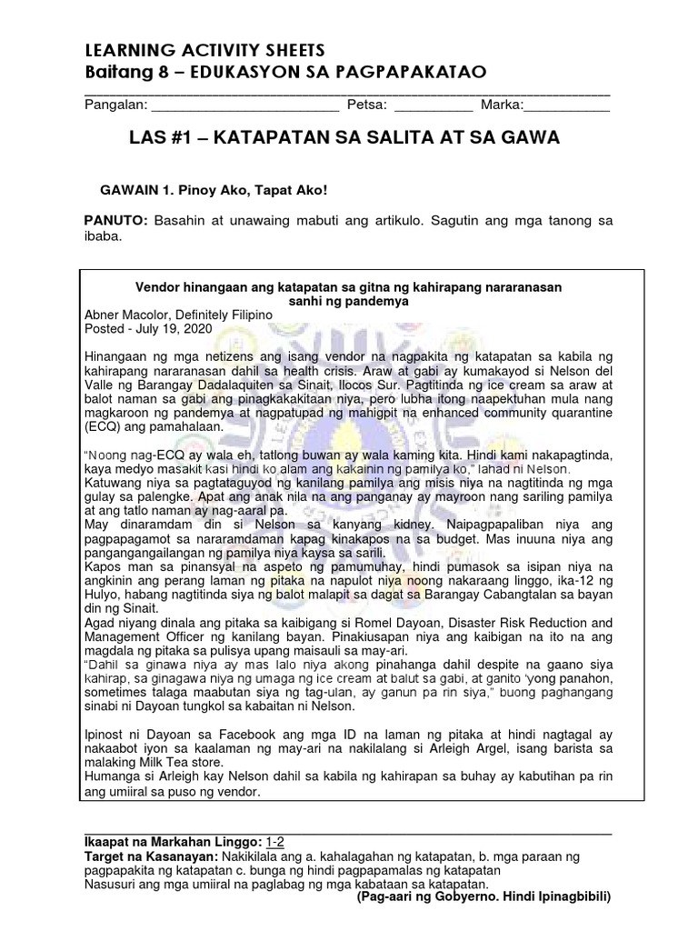 EsP 8 - Q4 - LAS 1 RTP | PDF