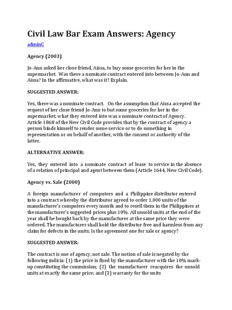 Civil Law Bar Exam Answers | PDF | Law Of Agency | Foreclosure