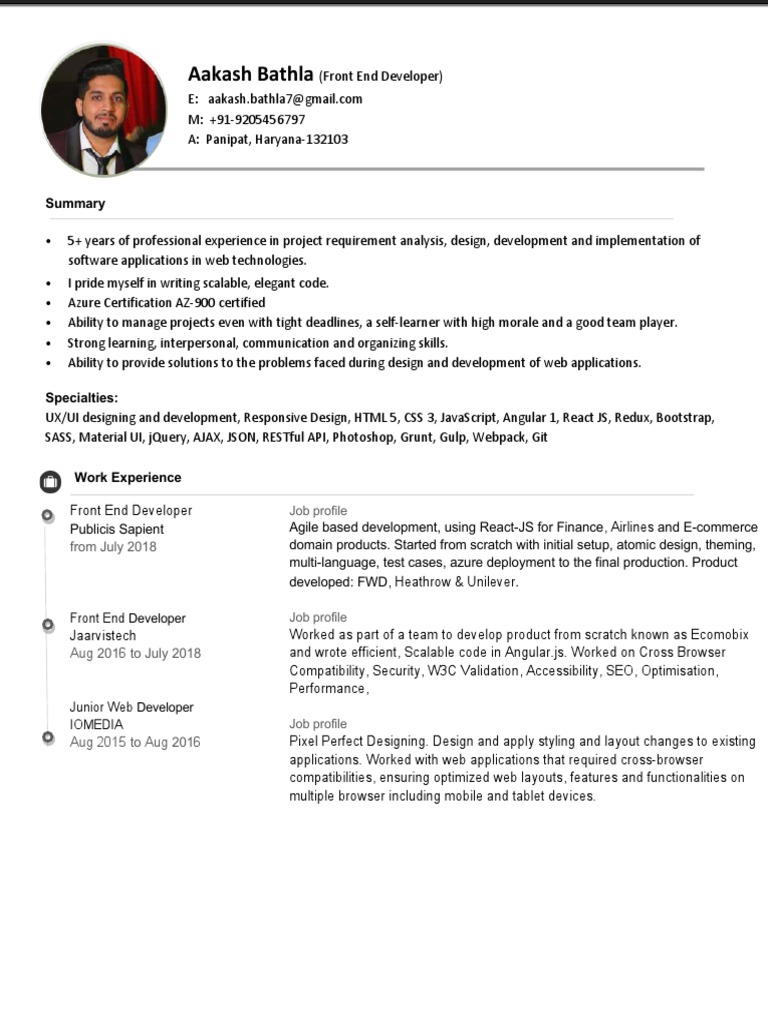 Front End Developer Resume - Aakash Bathla | PDF | Java Script | Web ...