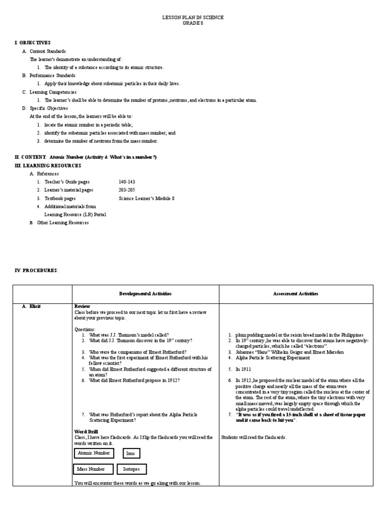 Lesson Plan 4 Chemistry | PDF | Atoms | Proton