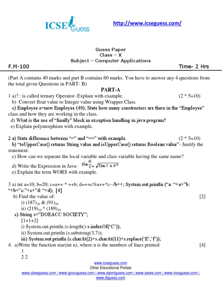 Part-A: Guess Paper Class - X Subject - Computer Applications | PDF ...