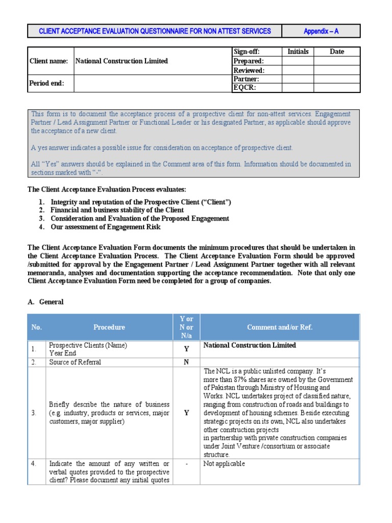 Client Acceptance Evaluation Questionnaire For Non Attest Services ...