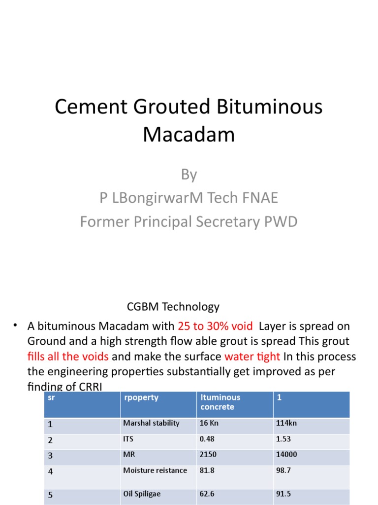 Cement Grouted Bituminous Macadam: by P Lbongirwarm Tech Fnae Former Principal Secretary PWD ...