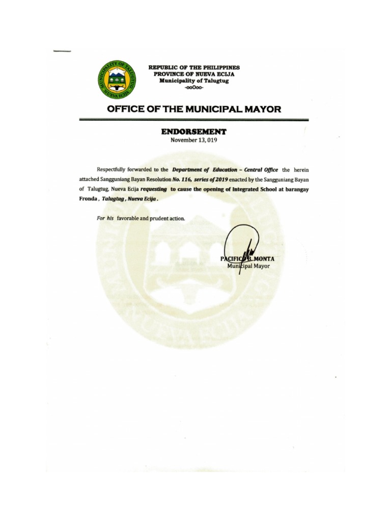 Endorsement Letter and SB Resolution To DEPED Central Office | PDF