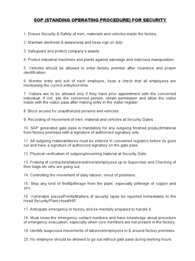 Sop (Standing Operating Procedure) For Security | PDF | Security Guard ...