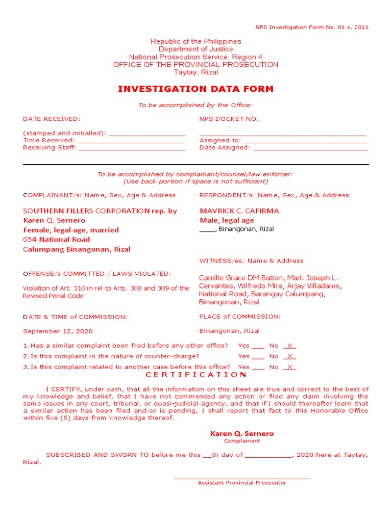 SOUTHERN FILLERS CORPORATION Information Sheet Investigation Data Form ...