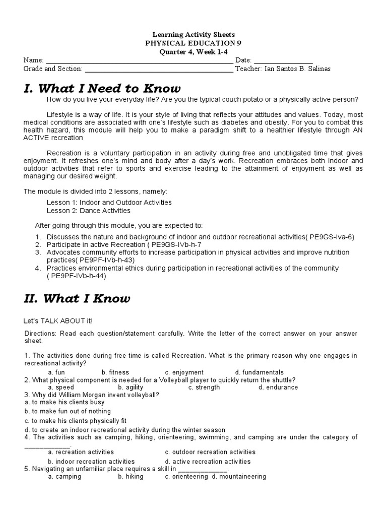 4TH Quarter Grade 9 Pe Learning Activity Sheets Week 1 - 4 | PDF ...