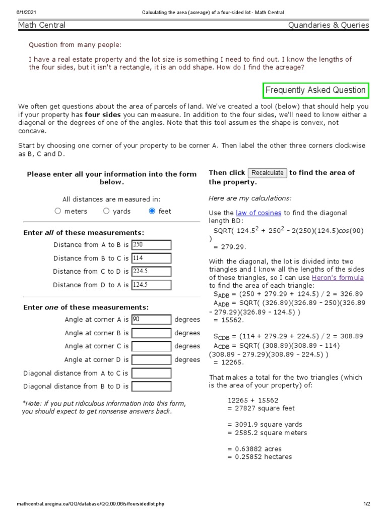 Calculating The Area (Acreage) of A Four-Sided Lot - Math Central | PDF ...