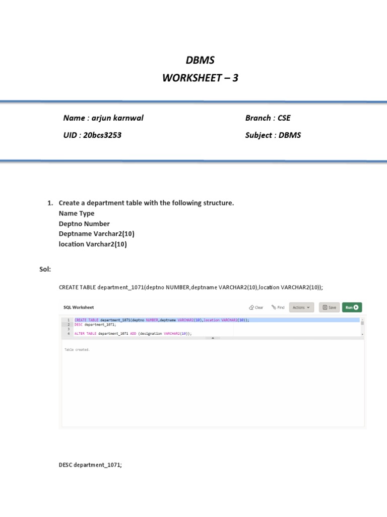 DBMS Worksheet 3arjun | PDF | Databases | Control Flow