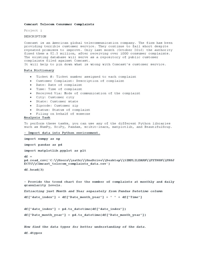 Project 1: Comcast Telecom Consumer Complaints | PDF | Function (Mathematics) | Computer Programming