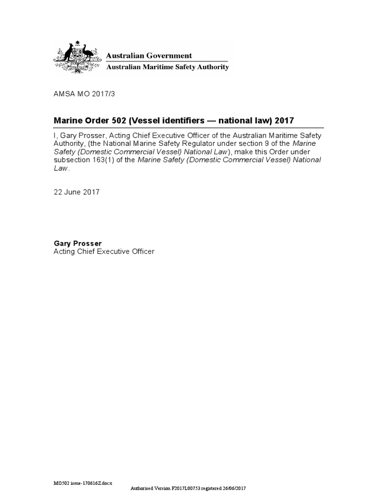 Marine Order 502 (Vessel Identifiers - National Law) 2017 | PDF ...
