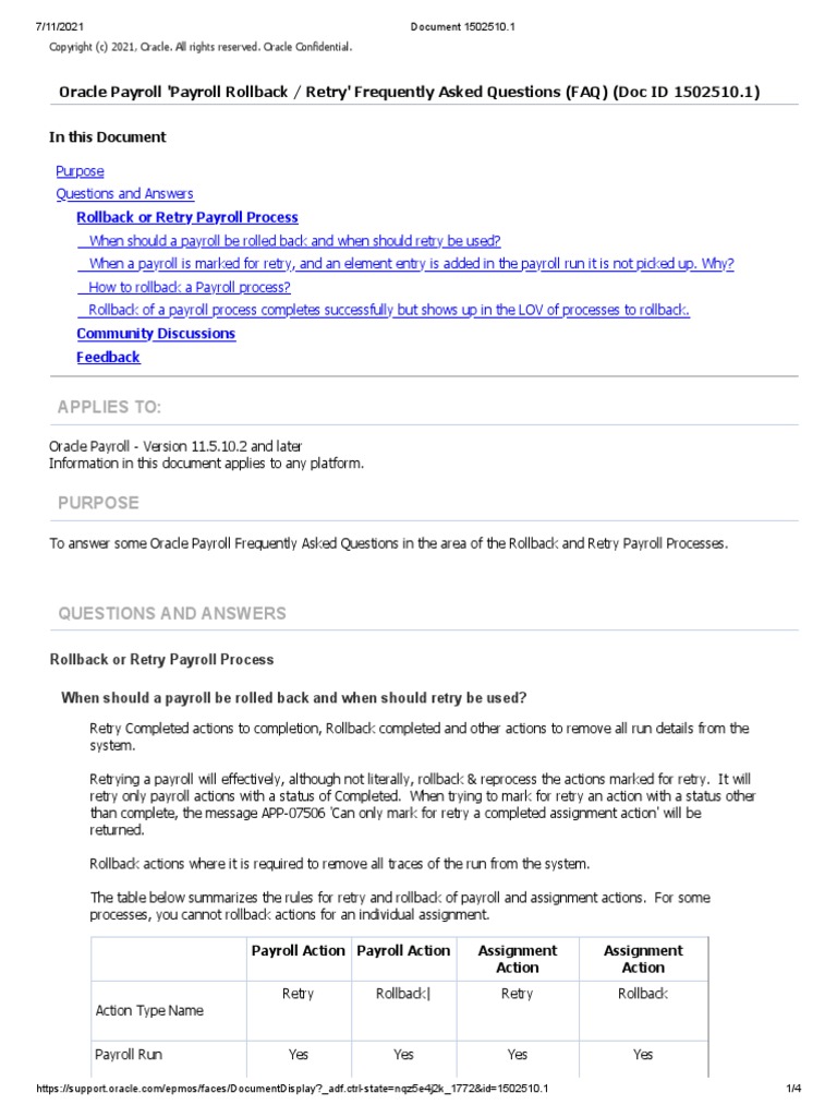 Applies To:: Oracle Payroll 'Payroll Rollback / Retry' Frequently Asked Questions (FAQ) (Doc ID ...