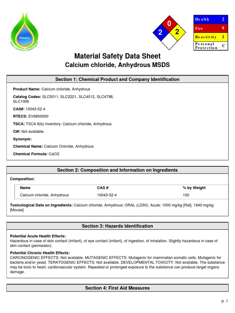Calcium Chloride, Anhydrous MSDS: Section 1: Chemical Product and ...