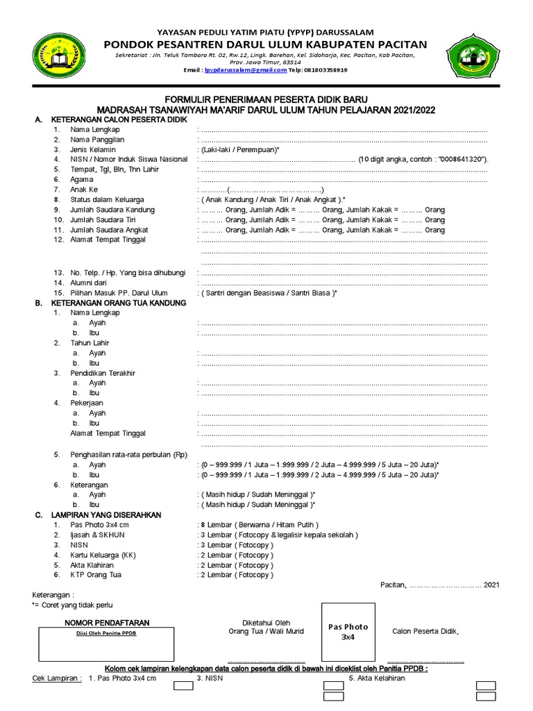 Formulir Pendaftaran Peserta Didik Baru | PDF Formulir Pendaftaran Peserta Didik Baru | PDF