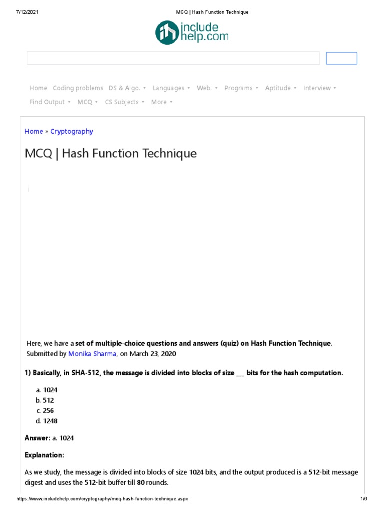 MCQ - Hash Function Technique | PDF | Cryptography | Secure Communication