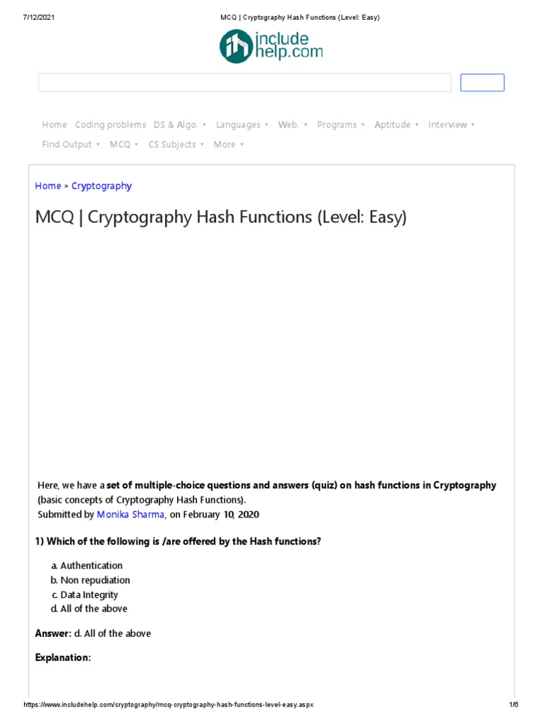 MCQ - Cryptography Hash Functions (Level - Easy) | PDF | Cipher ...